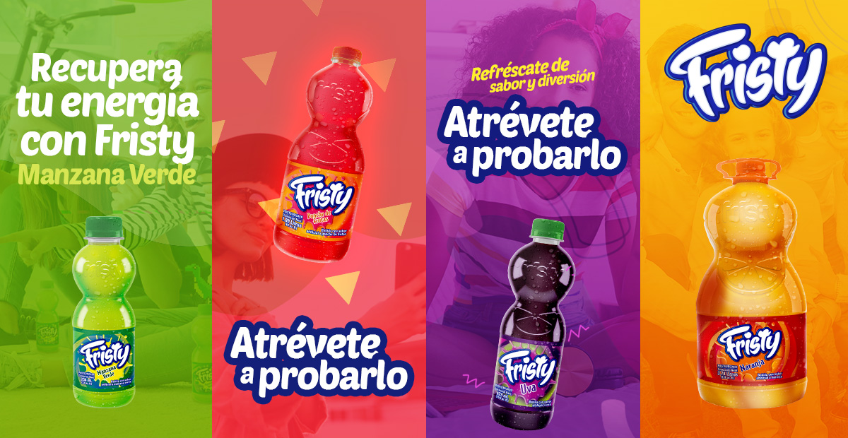 Bebidas Fristy con sus sabores Naranja, Manzana verda, uva y ponche